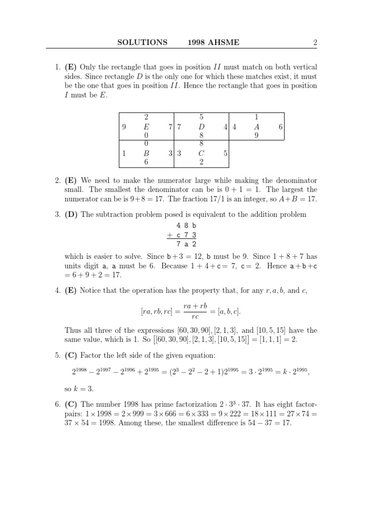 AHSME 1998 Solutions | PDF | Fraction (Mathematics) | Logarithm