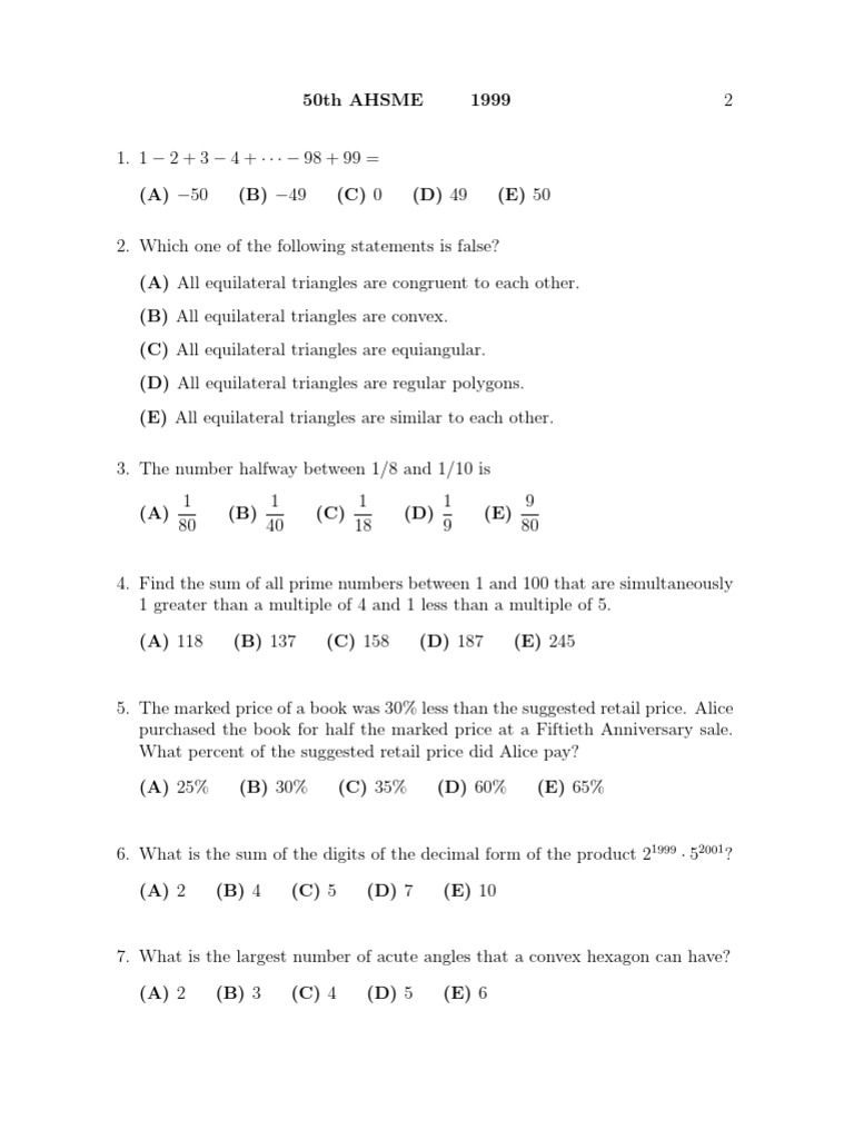 AHSME 1999 Problems | PDF | Triangle | Polygon