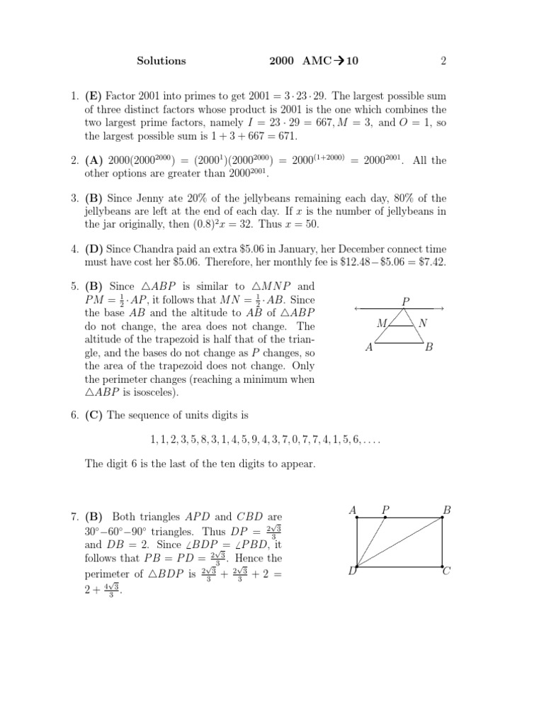 2000 AMC 10 Solutions | PDF | Area | Mathematical Concepts