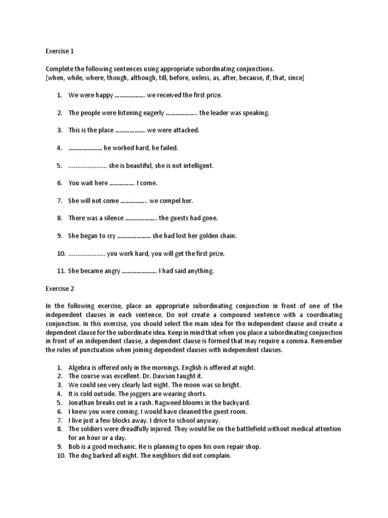 Subordinating Conjunctions Exercises | PDF | Linguistics | Syntax