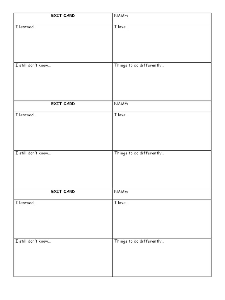 Exit Card: Name: I Learned I Love | PDF