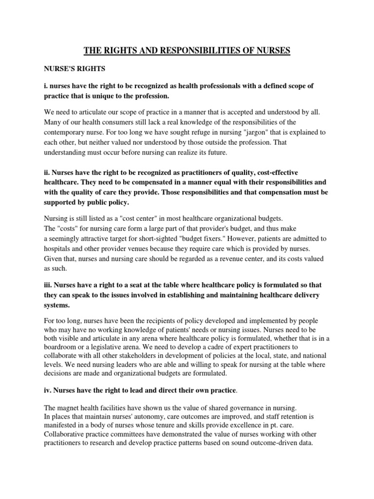 The Rights and Responsibilities of Nurses | Download Free PDF | Nursing ...