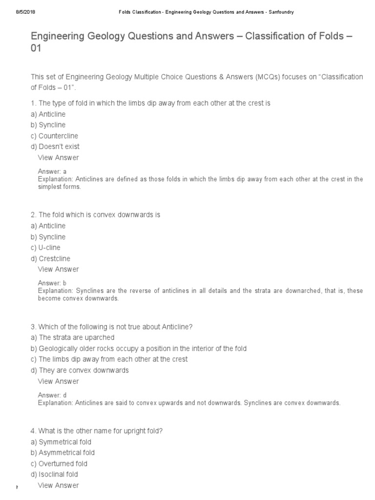 Folds Classification - Engineering Geology Questions and Answers ...