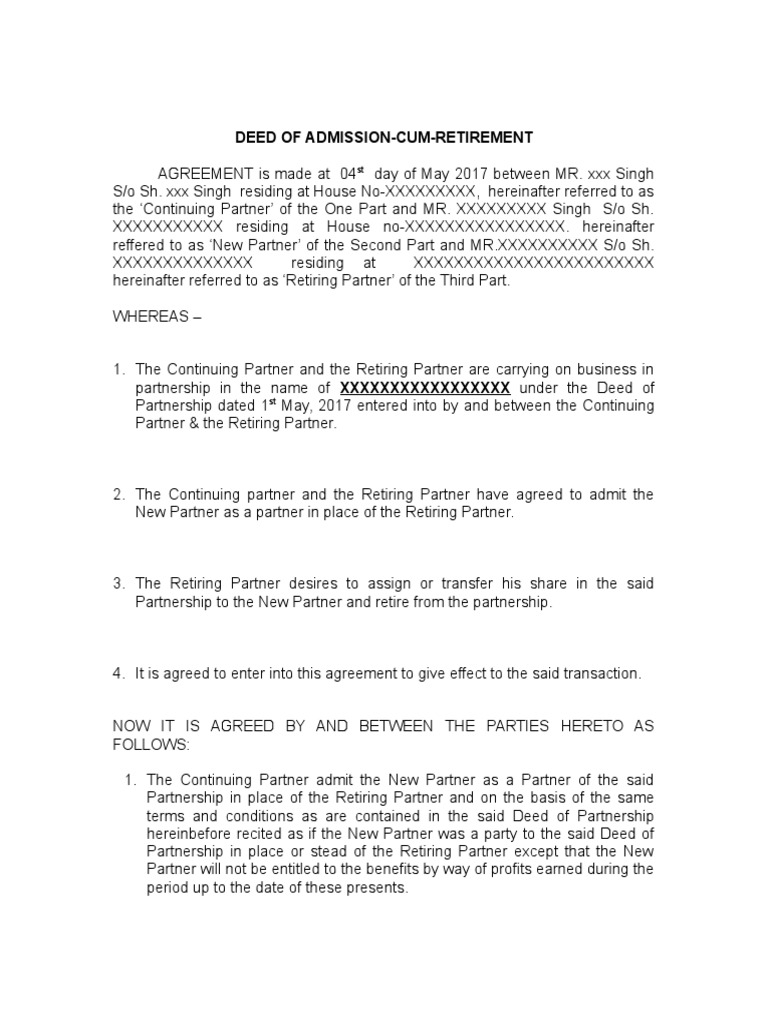 Admission-Cum-Retirement Deed Template | PDF | Partnership | Civil Law ...