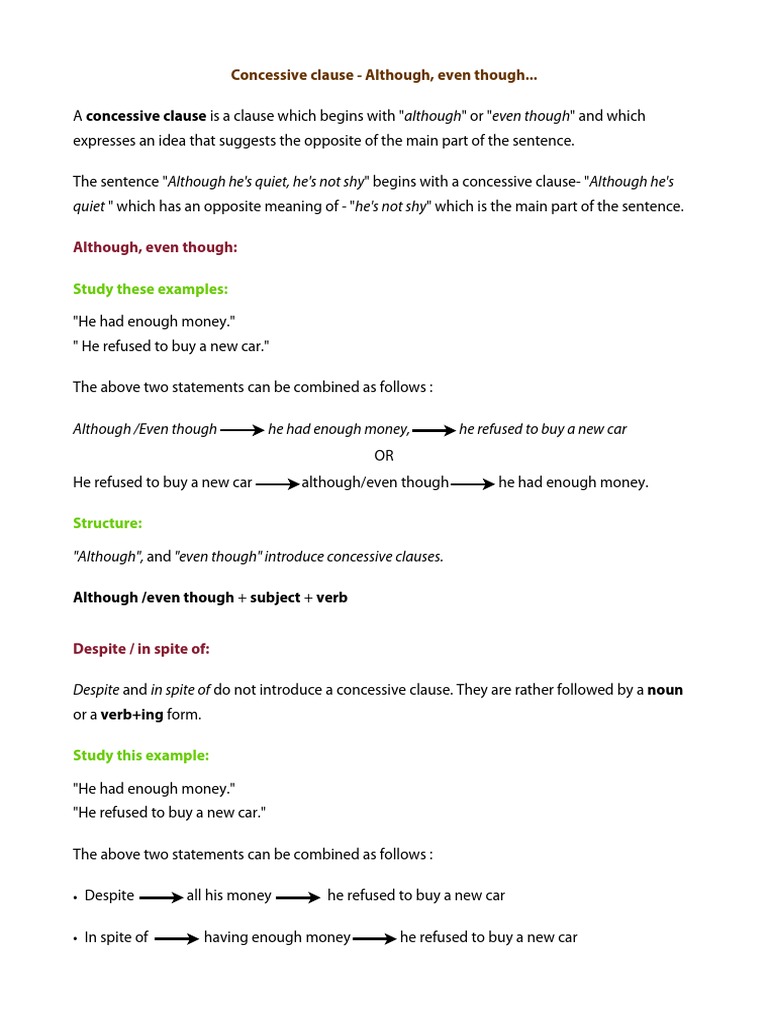 Concessive Clause - Although, Even Though... | PDF | Clause | Sentence ...