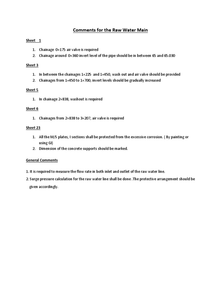 Comments For The Raw Water Main | PDF