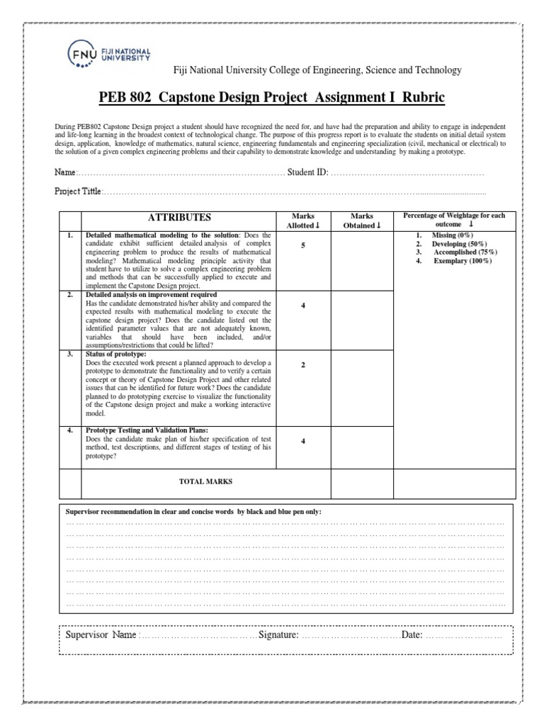 Rubric 802 Capstone Design Project Assignment 1 | PDF | Engineering ...