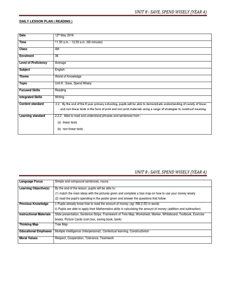2 Lesson Plan READING Y4 Save Spend Wisely | PDF | Lesson Plan | Teachers