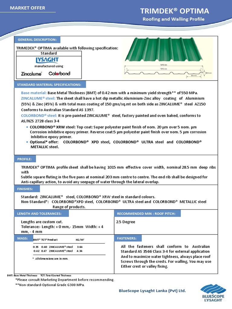 Trimdek Optima1 | PDF | Steel | Screw