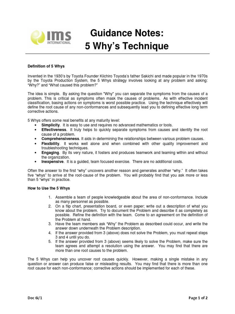 6i Issue 1 Guidance Notes On 5 Whys Technique | PDF