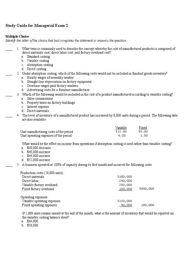 Managerial Exam 2 Study Guide | PDF | Cost Of Goods Sold | Revenue