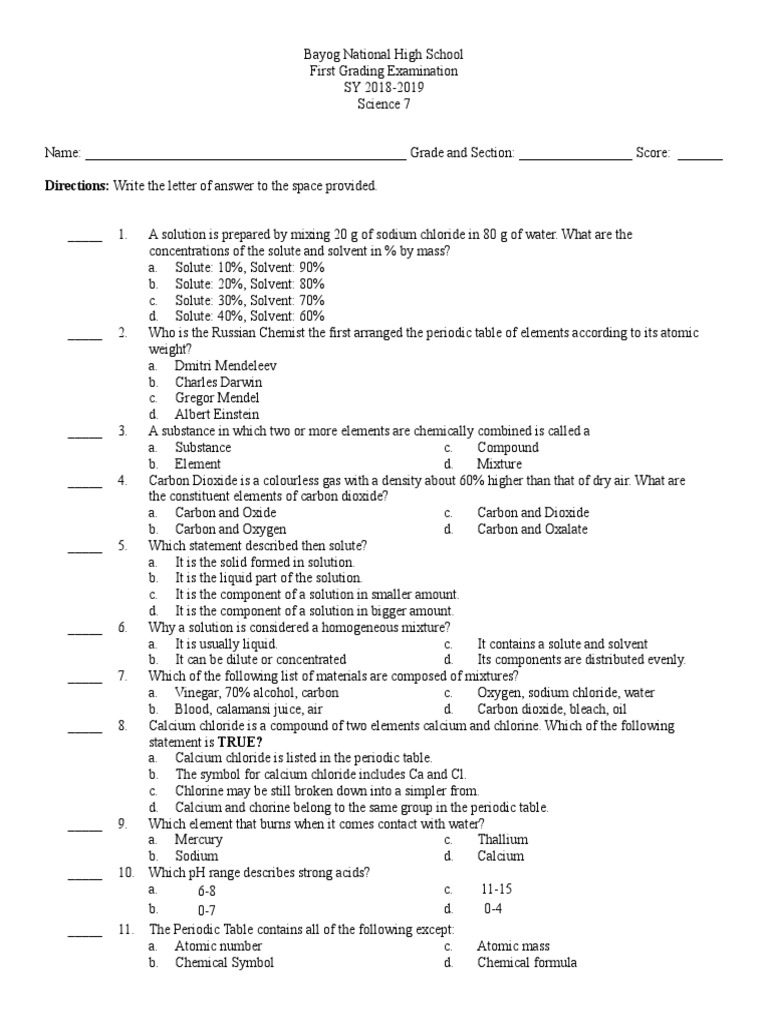 Grade 7 Science Exam Questions & Answers | PDF | Solution | Chlorine