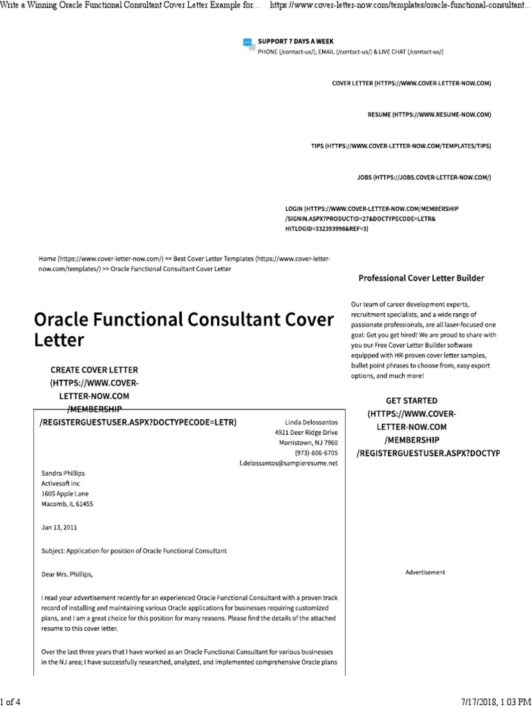 Oracle Functional Consultant Cover Letter Guide | PDF