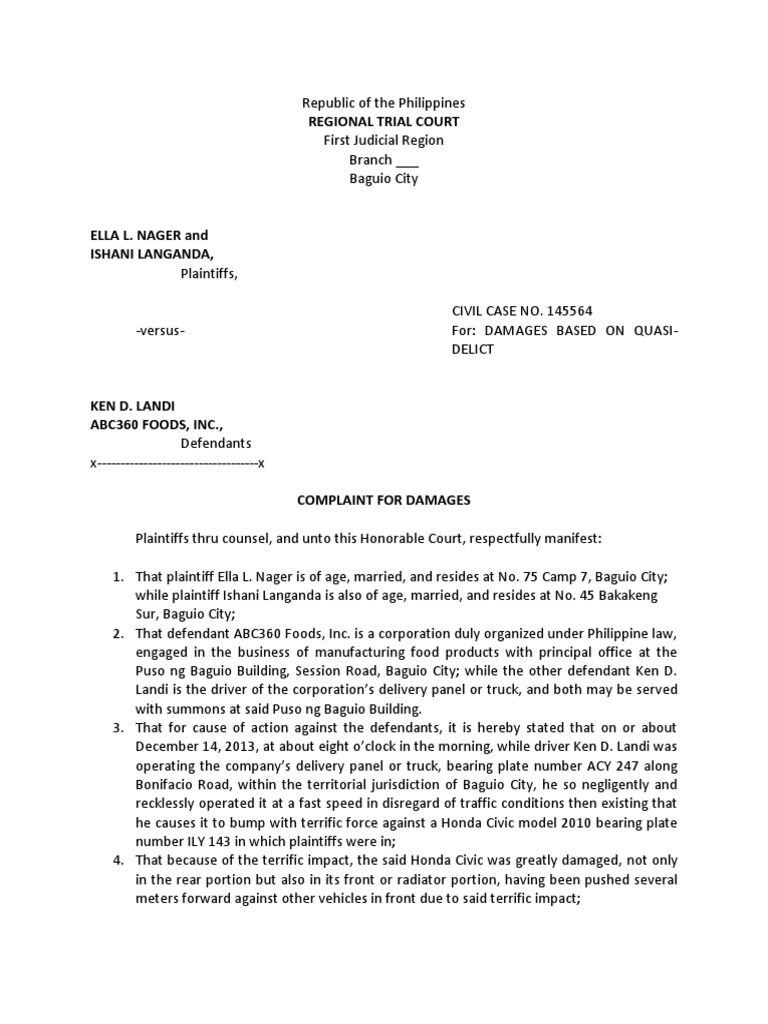 Complaint For Damages Sample | PDF | Lawsuit | Damages