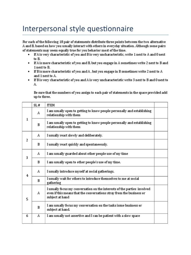 Interpersonal Style Questionnaire | PDF | Extraversion And Introversion | Cognition