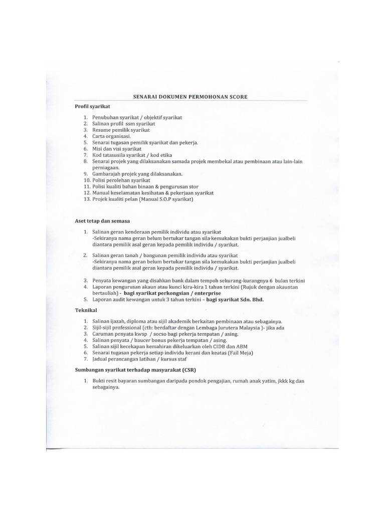 SCORE CIDB - Senarai Keperluan Score | PDF