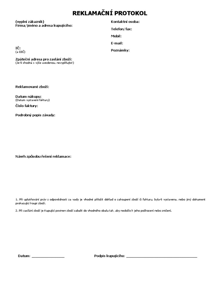 Reklamační List Vzor | PDF