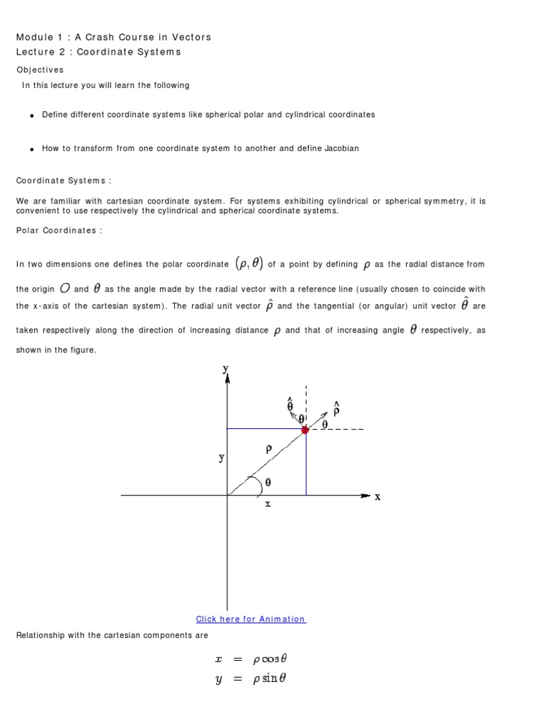 Module 1 A Crash Course In Vectors Lecture 2 Coordinate Systems Pdf Cartesian Coordinate