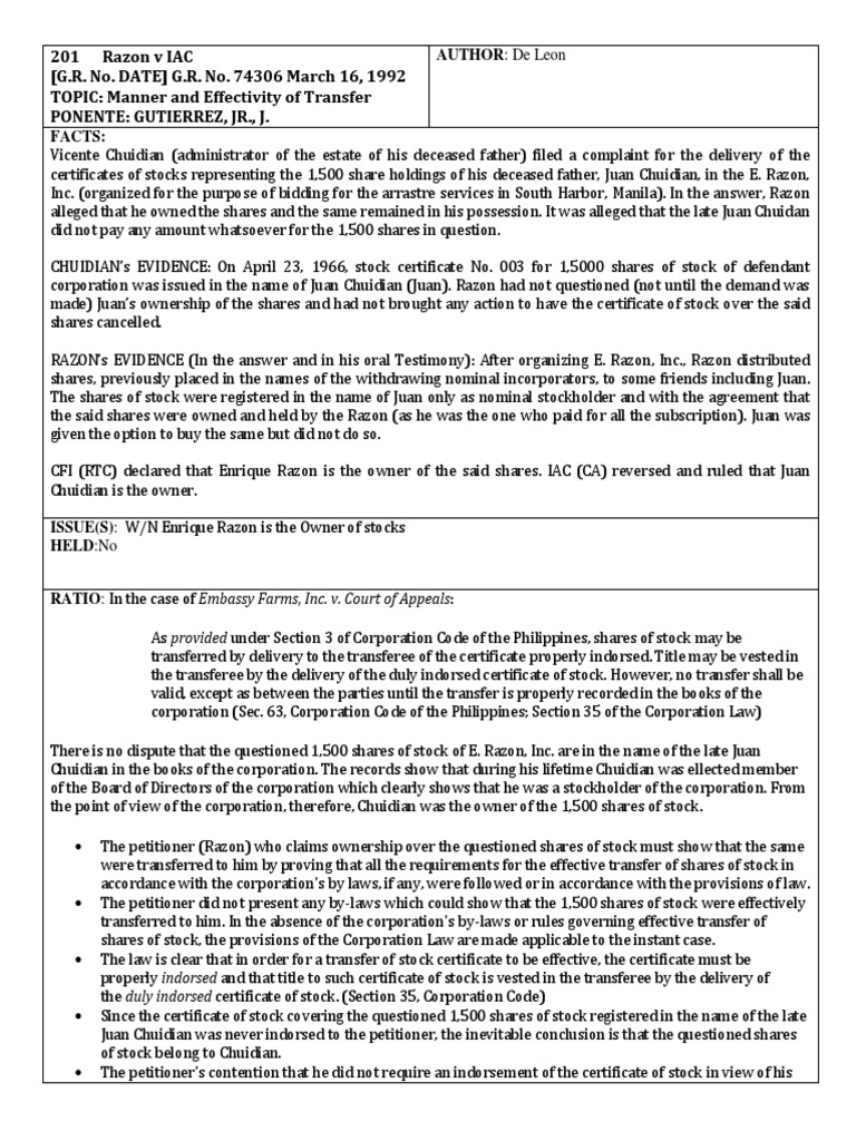 Razon V IAC (De Leon) | PDF | Corporations | Corporate Law
