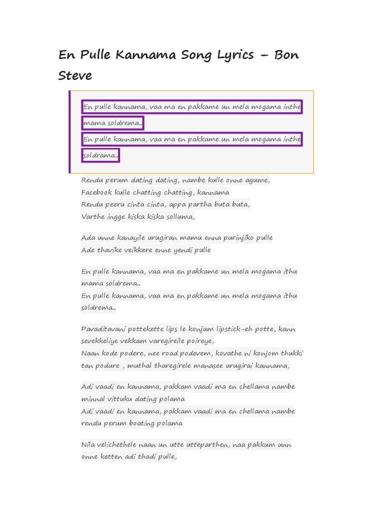 En Pulle Kannama Song Lyrics - Bon Steve | PDF