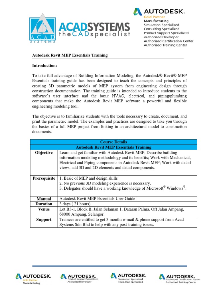 Autodesk Revit MEP Essentials Training Syllabus | PDF | Autodesk Revit ...