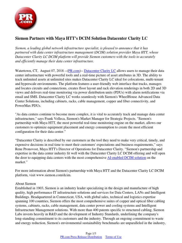 Siemon Partners With Maya HTT's DCIM Solution Datacenter Clarity LC | PDF | Data Center ...
