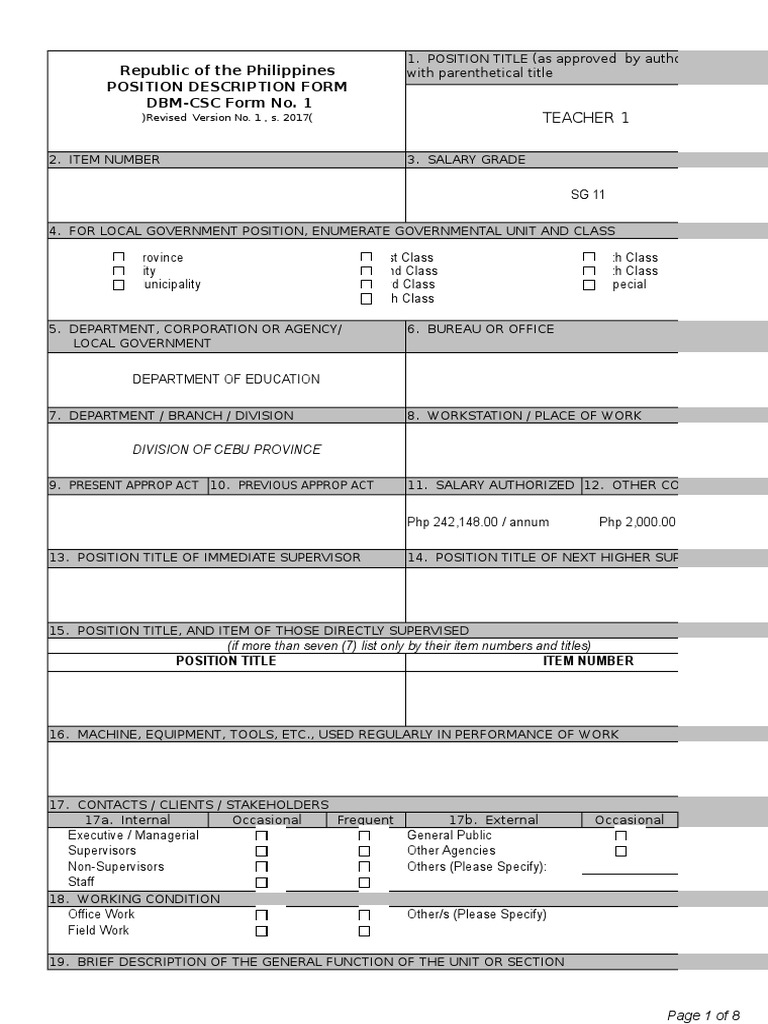 Republic of The Philippines Position Description Form DBM-CSC Form No ...