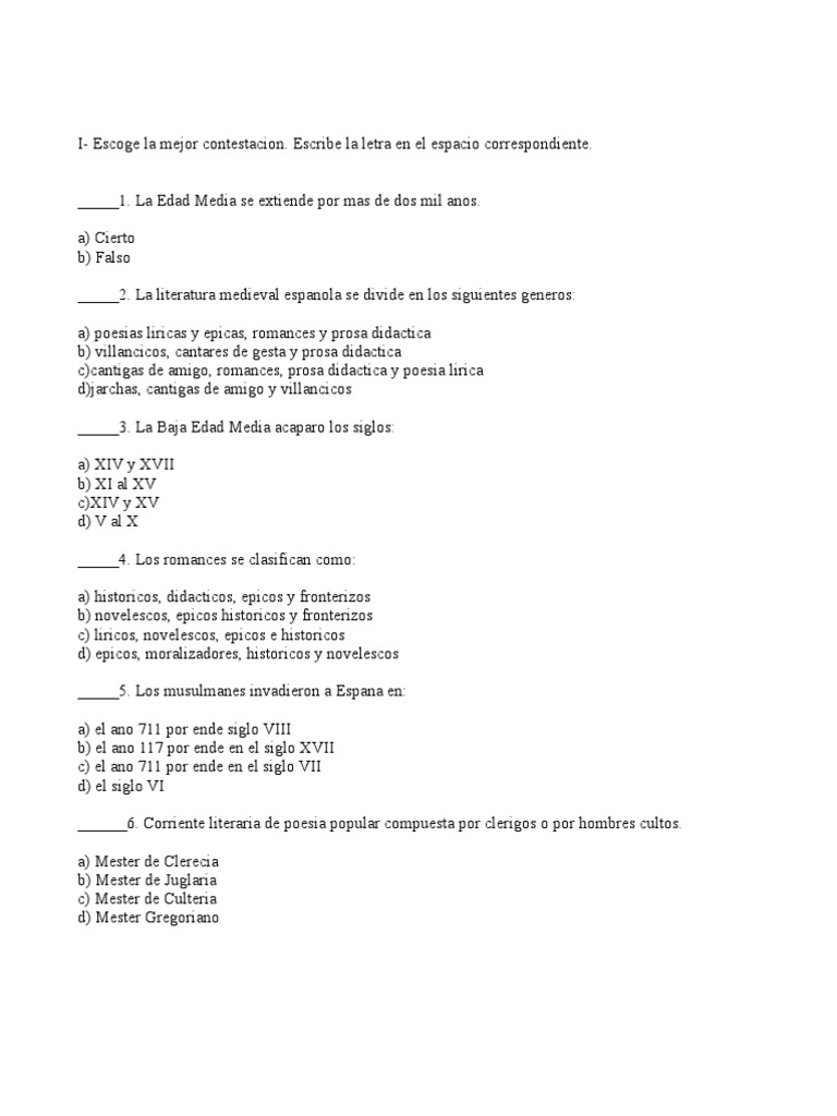 Cuestionario sobre Literatura Medieval Española | PDF