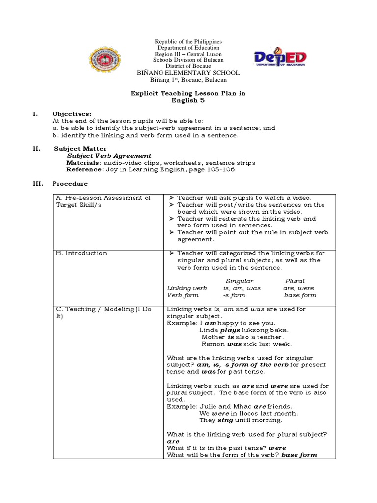 Explicit Teaching Lesson Plan in English | PDF | Verb | Lesson Plan