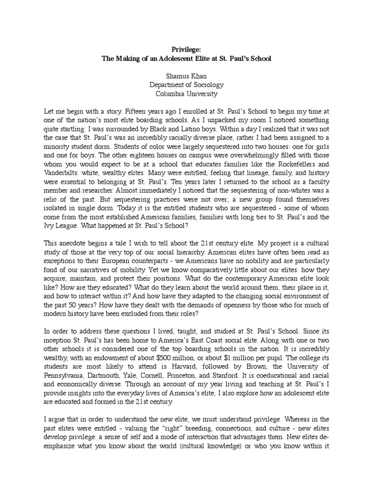 Privilege: The Making of An Adolescent Elite at St. Paul's School | PDF ...