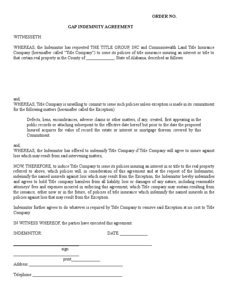 Gap Indemnity Commonwealth Land Title Insurance | PDF | Title Insurance ...