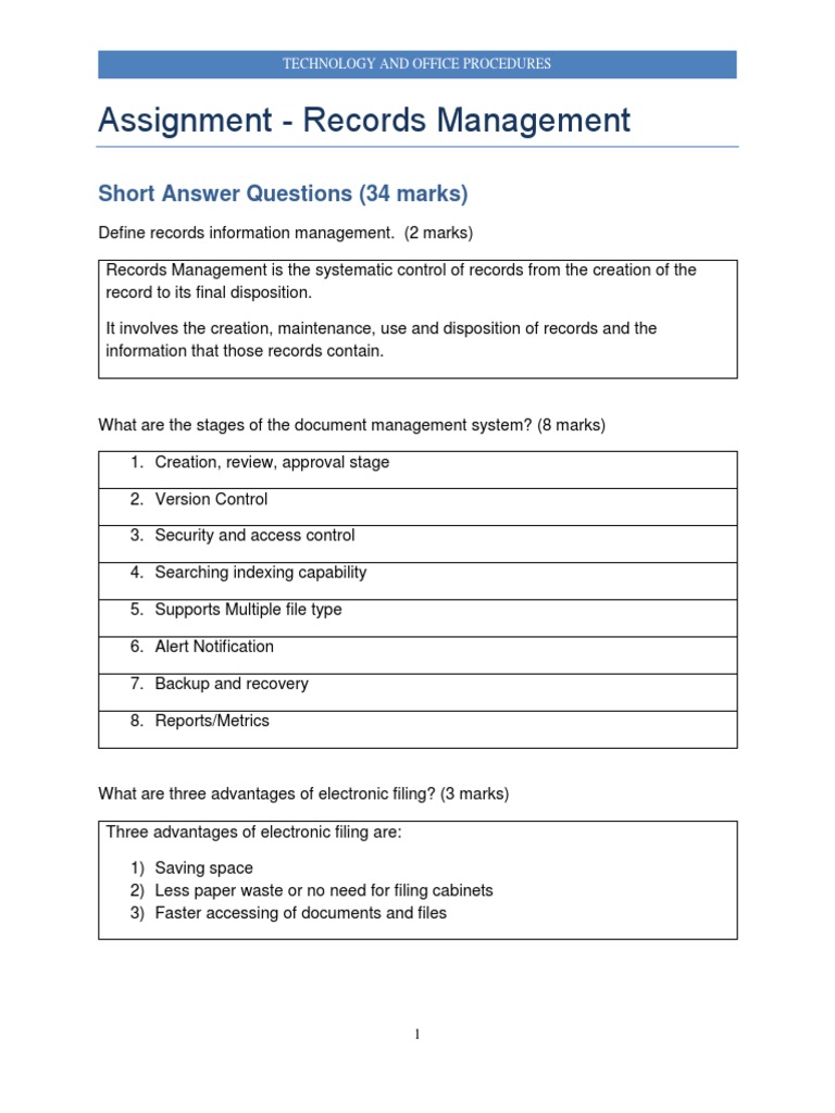 Assignment - Records Management: Short Answer Questions (34 Marks ...