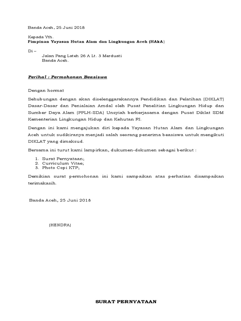 Permohonan Beasiswa DIKLAT Amdal Aceh | PDF