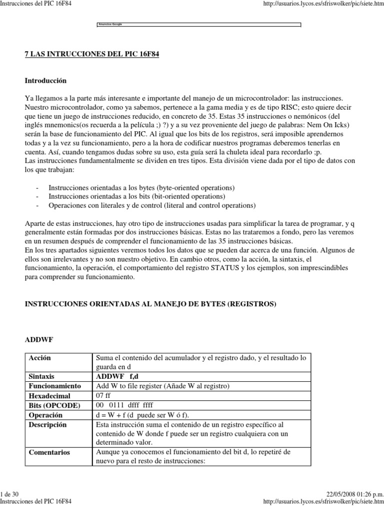 Instrucciones Del PIC 16F84 | PDF | Poco | Programa de computadora
