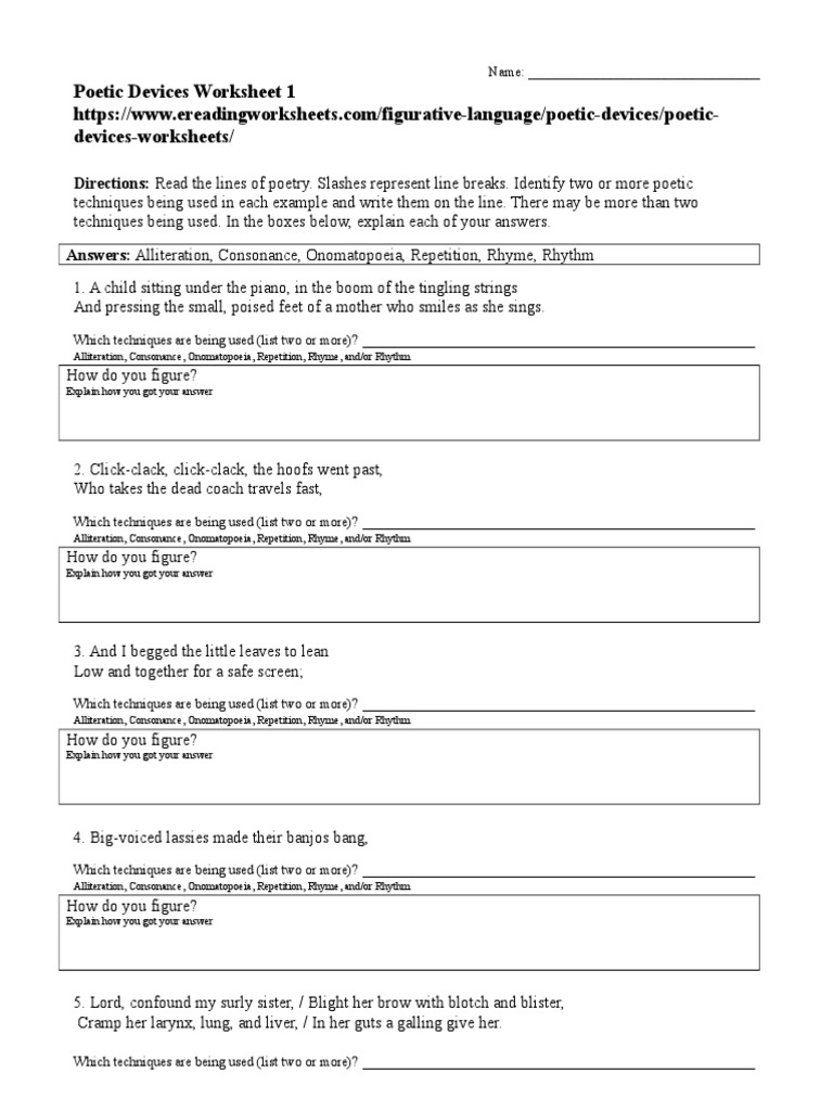 Poetic Devices Identification Worksheet | PDF | Rhyme | Poetry