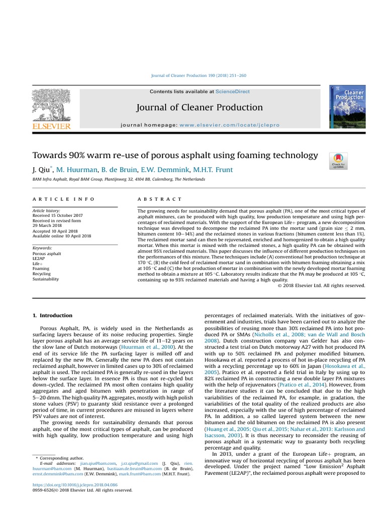 Journal of Cleaner Production: Towards 90% Warm Re-Use of Porous Asphalt Using Foaming ...