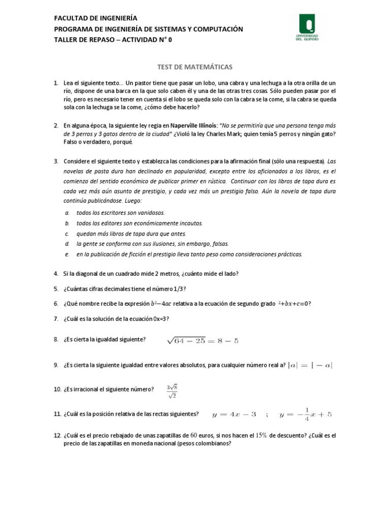 Test de Matematicas | PDF | Ingeniería | Ecuaciones