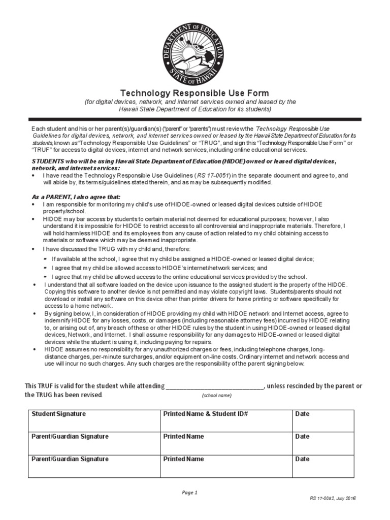 Technology Responsible Use Form 17-0052 1 | PDF | Fee | Internet