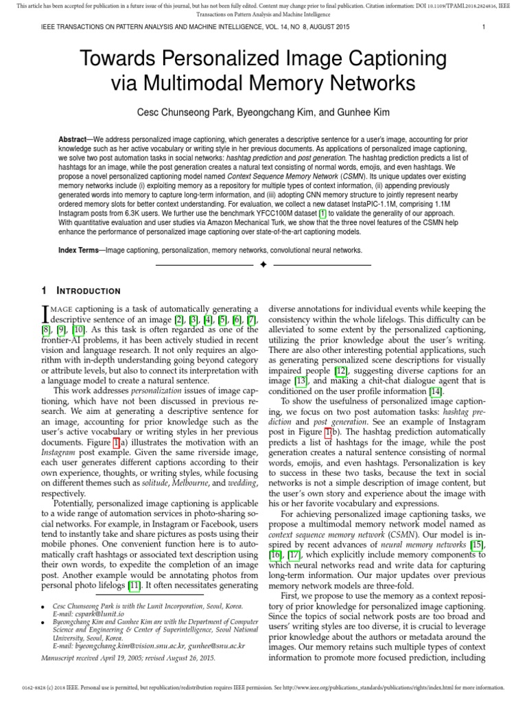 Towards Personalized Image Captioning Via Multimodal Memory Networks | PDF | Artificial ...