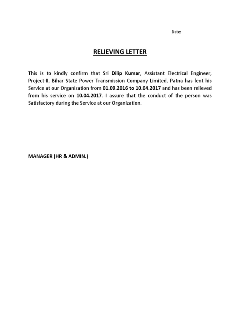 Relieving Letter: Manager (HR & Admin.) | PDF