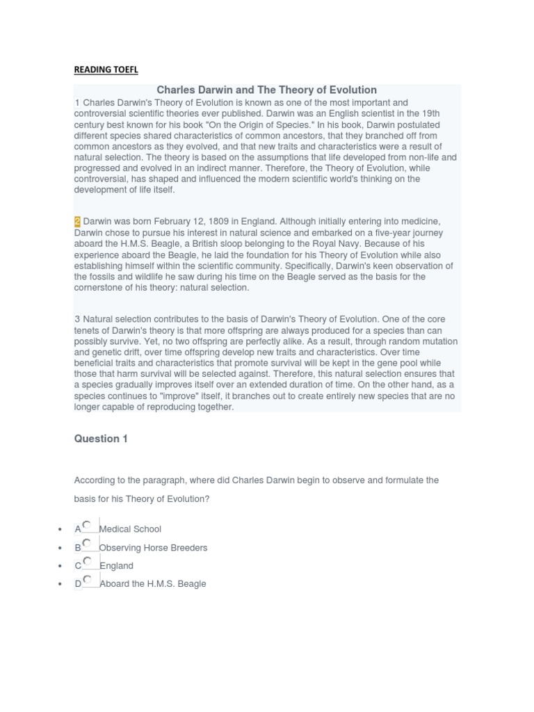 Charles Darwin and The Theory of Evolution: Reading Toefl | Download ...
