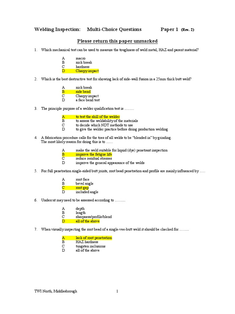 Welding Inspection: Multi-Choice Questions Paper 1 Please Return This ...