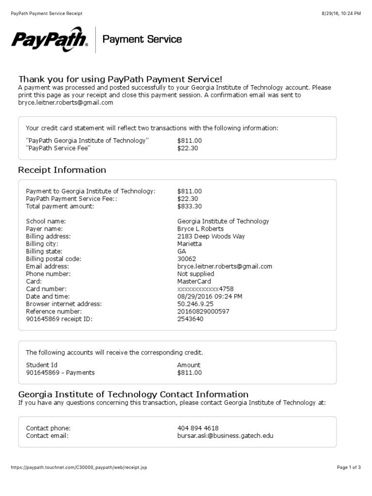 PayPath Payment Receipt for Georgia Tech | PDF | Pay Pal | Payments