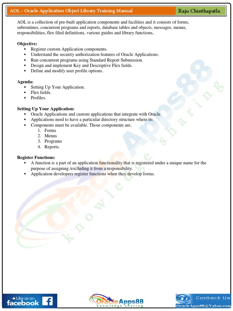 AOL - Oracle Application Object Library Training Manual PDF | PDF | Menu (Computing) | Subroutine