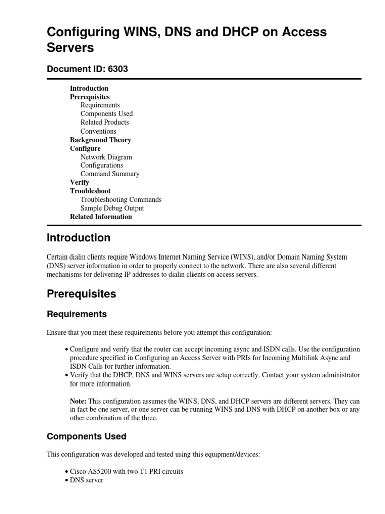 Configuring WINS, DNS and DHCP On Access Servers: Document ID: 6303 | PDF | Domain Name System ...