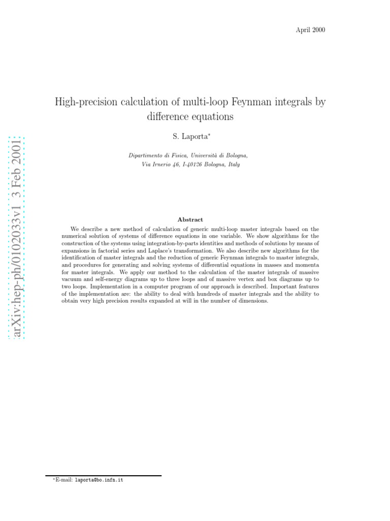 High-Precision Calculation of Multi-Loop Feynman Integrals by Difference Equations | PDF ...
