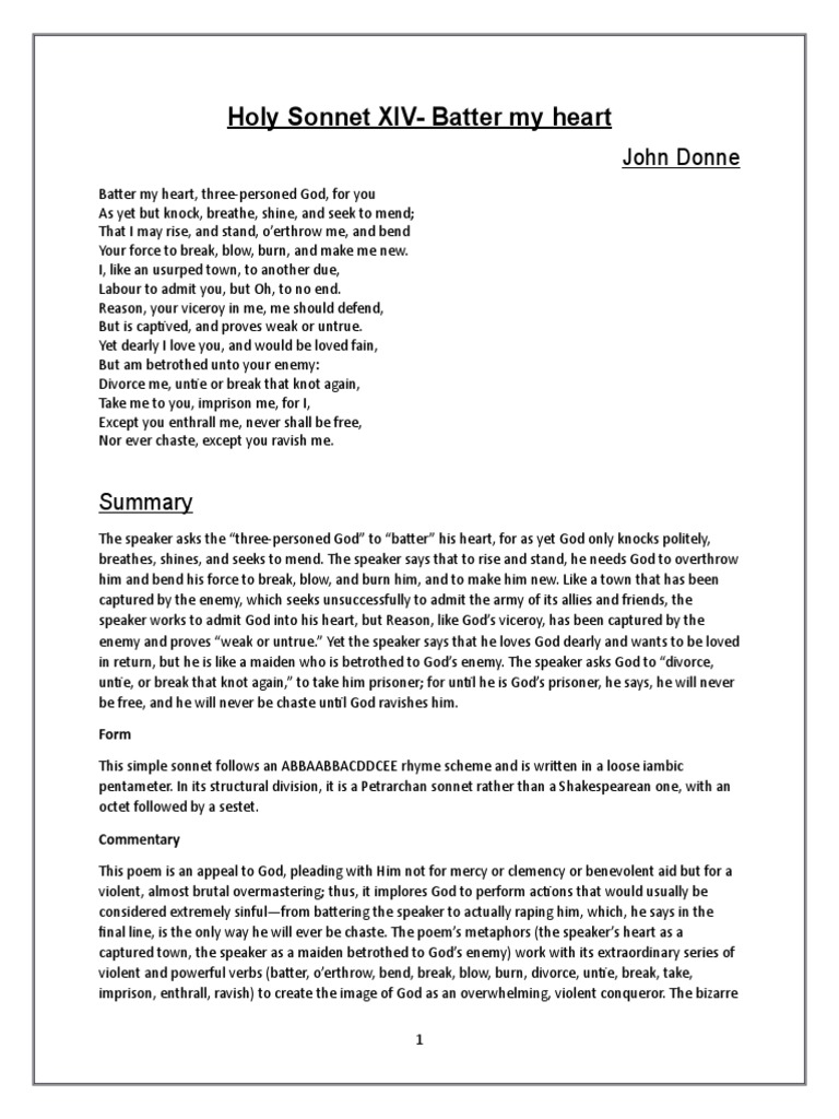Holy Sonnet XIV-Batter My Heart: John Donne | Download Free PDF | Sonnets | British Poetry