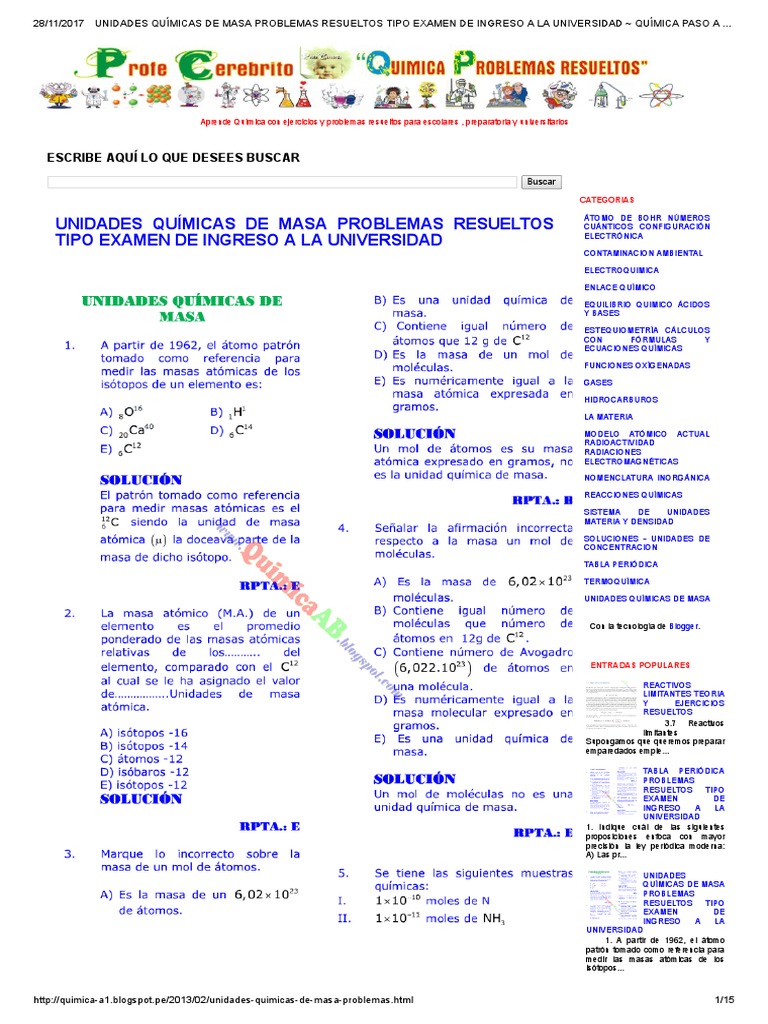 Unidades Químicas de Masa Problemas Resueltos Tipo Examen de Ingreso A La Universidad - Química ...