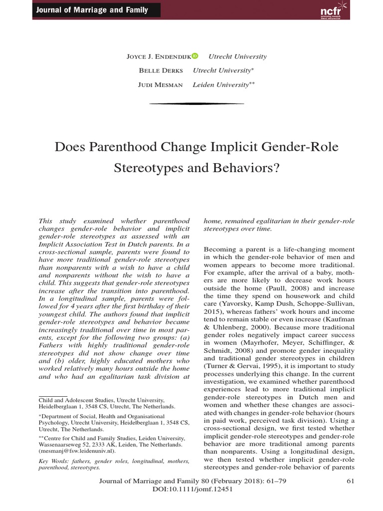 Does Parenthood Change Implicit Gender-Role Stereotypes and Behaviors? | PDF | Stereotypes ...