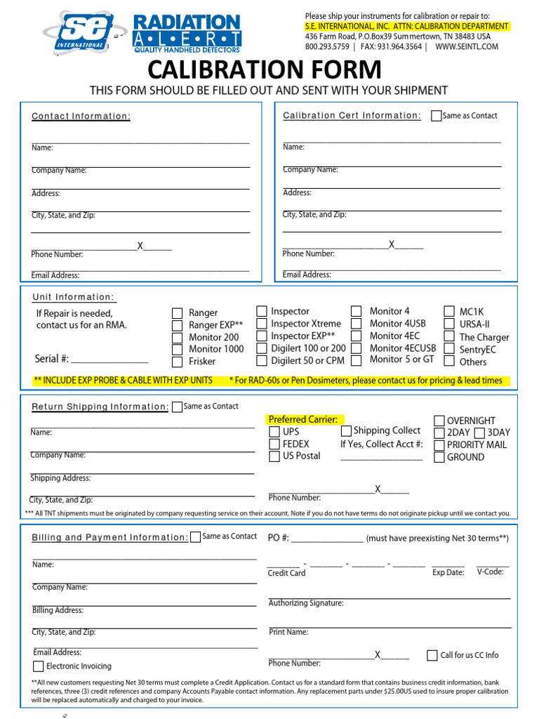 Calibration Form: This Form Should Be Filled Out and Sent With Your ...